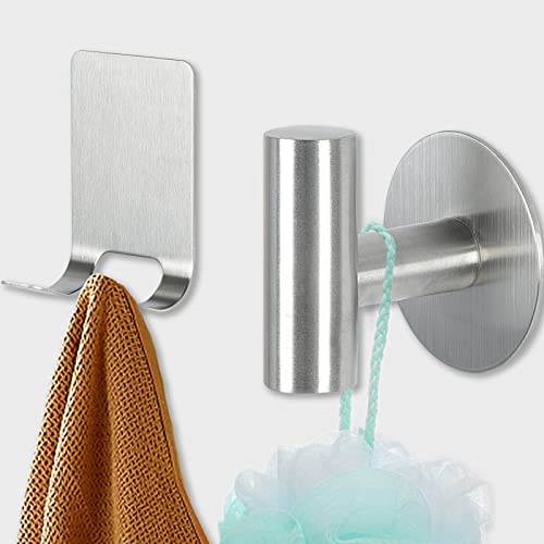 HADWER Towel Hooks 6 Pack - Silver Towel Hooks Heavy Duty Robe Hooks for Bathroom （Two Types of Hooks）