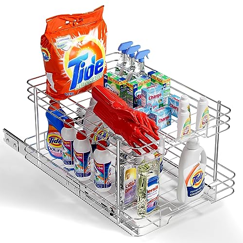 Blemoacha Pull Out Cabinet Organizer 17"W x 21"D x 13.5"H ,2 Tier Under Sink Organizers and Storage,Bathroom Organization Undersink Drawers Slide Out, Kitchen Sink Shelf Sliding Cabinet Basket Chrome