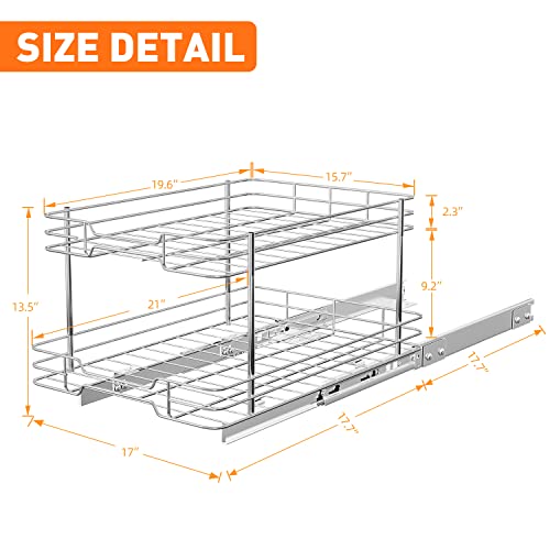 Blemoacha Pull Out Cabinet Organizer 17"W x 21"D x 13.5"H ,2 Tier Under Sink Organizers and Storage,Bathroom Organization Undersink Drawers Slide Out, Kitchen Sink Shelf Sliding Cabinet Basket Chrome