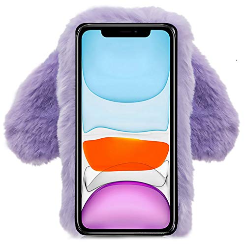 Rabbit Ear Case for iPhone 14 6.1,MIOKY Crossbody Strap Case Fuzzy Fluffy Cute Women Girls Kids Plush Ball Bunny Fur Phone Case Shockproof Silicone Bumper Protective Cover,Purple