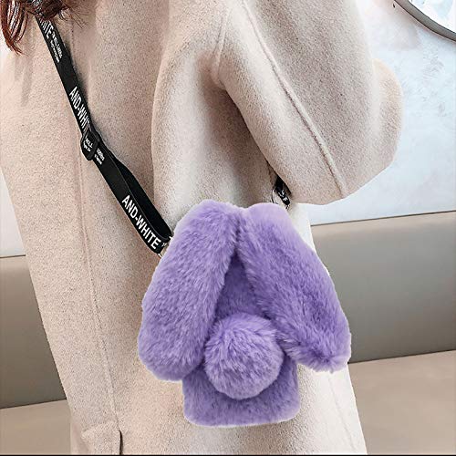 Rabbit Ear Case for iPhone 14 6.1,MIOKY Crossbody Strap Case Fuzzy Fluffy Cute Women Girls Kids Plush Ball Bunny Fur Phone Case Shockproof Silicone Bumper Protective Cover,Purple