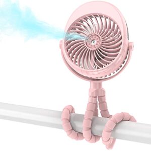 stroller fan with mist, 2500mah personal misting fan portable, 3 speed 270° & 360° rotatable mister fan for stroller office camping hurricane outage (pink)