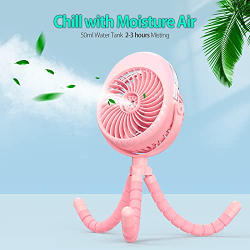 Stroller Fan with Mist, 2500mAh Personal Misting Fan Portable, 3 Speed 270° & 360° Rotatable Mister Fan for Stroller Office Camping Hurricane Outage (Pink)