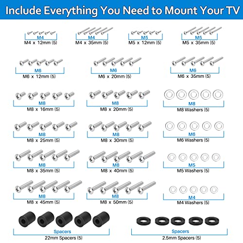 Universal TV Mount Screws, Stainless Steel TV Mounting Hardware Kit Includes M4 M5 M6 M8 TV Bolts, Washers, and Spacers, Fit All Flat and Curved Screen TVs up to 80 inches (105 pcs)