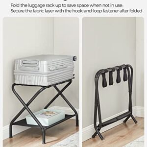 SONGMICS Luggage Rack, Suitcase Stand with Fabric Storage Shelf, for Guest Room, Bedroom, Hotel, Foldable Steel Frame, Holds up to 110 lb, 27.2 x 15 x 20.5 Inches, Black URLR002B01V1