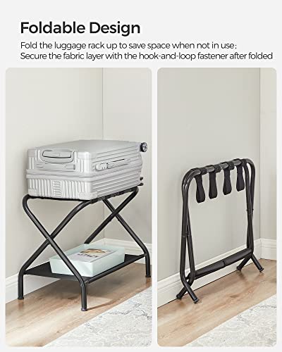 SONGMICS Luggage Rack, Suitcase Stand with Fabric Storage Shelf, for Guest Room, Bedroom, Hotel, Foldable Steel Frame, Holds up to 110 lb, 27.2 x 15 x 20.5 Inches, Black URLR002B01V1