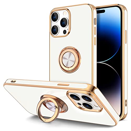 Hython Case for iPhone 14 Pro Max Case with Ring Stand [360° Rotatable Ring Holder Magnetic Kickstand] [Support Car Mount] Plated Gold Edge Slim Soft TPU Luxury Protective Phone Case Cover, White