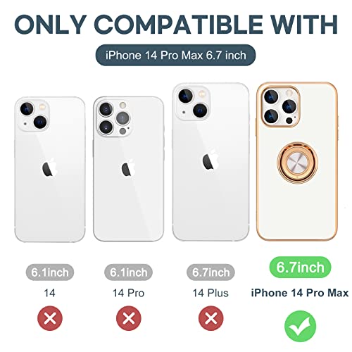 Hython Case for iPhone 14 Pro Max Case with Ring Stand [360° Rotatable Ring Holder Magnetic Kickstand] [Support Car Mount] Plated Gold Edge Slim Soft TPU Luxury Protective Phone Case Cover, White