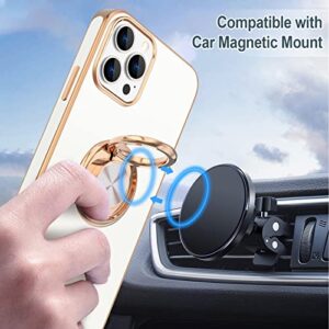 Hython Case for iPhone 14 Pro Max Case with Ring Stand [360° Rotatable Ring Holder Magnetic Kickstand] [Support Car Mount] Plated Gold Edge Slim Soft TPU Luxury Protective Phone Case Cover, White