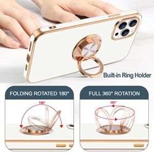 Hython Case for iPhone 14 Pro Max Case with Ring Stand [360° Rotatable Ring Holder Magnetic Kickstand] [Support Car Mount] Plated Gold Edge Slim Soft TPU Luxury Protective Phone Case Cover, White