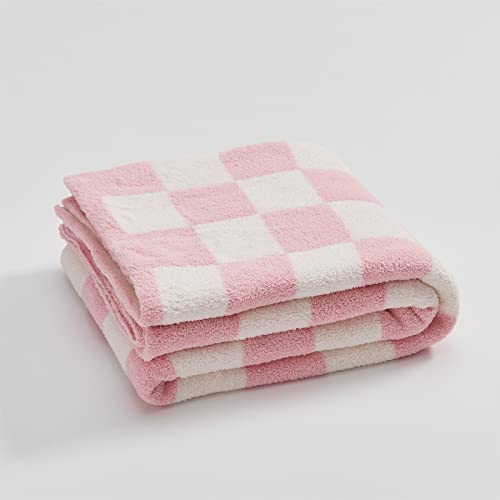 Checkerboard Throw Blanket Soft Cozy Pink Blanket Reversible Fleece Checker Blanket for Couch Sofa Winter Warm Fuzzy Bed Knitted Blanket 60×80 Inches