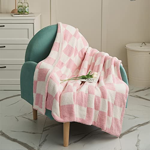 Checkerboard Throw Blanket Soft Cozy Pink Blanket Reversible Fleece Checker Blanket for Couch Sofa Winter Warm Fuzzy Bed Knitted Blanket 60×80 Inches