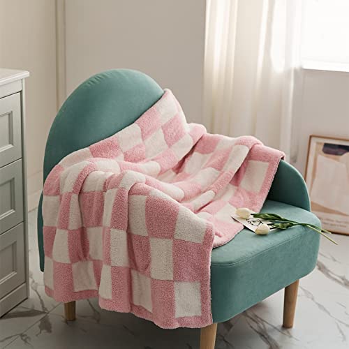 Checkerboard Throw Blanket Soft Cozy Pink Blanket Reversible Fleece Checker Blanket for Couch Sofa Winter Warm Fuzzy Bed Knitted Blanket 60×80 Inches