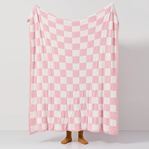 Checkerboard Throw Blanket Soft Cozy Pink Blanket Reversible Fleece Checker Blanket for Couch Sofa Winter Warm Fuzzy Bed Knitted Blanket 60×80 Inches