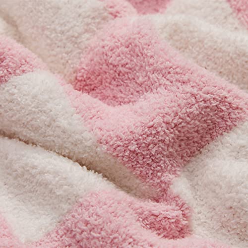 Checkerboard Throw Blanket Soft Cozy Pink Blanket Reversible Fleece Checker Blanket for Couch Sofa Winter Warm Fuzzy Bed Knitted Blanket 60×80 Inches