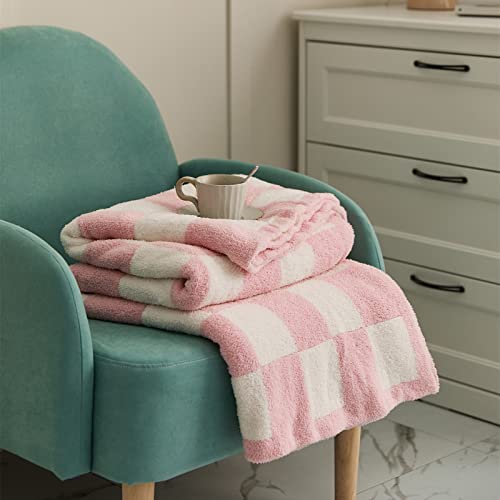 Checkerboard Throw Blanket Soft Cozy Pink Blanket Reversible Fleece Checker Blanket for Couch Sofa Winter Warm Fuzzy Bed Knitted Blanket 60×80 Inches