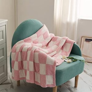 Checkerboard Throw Blanket Soft Cozy Pink Blanket Reversible Fleece Checker Blanket for Couch Sofa Winter Warm Fuzzy Bed Knitted Blanket 60×80 Inches