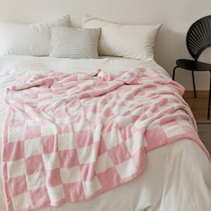 Checkerboard Throw Blanket Soft Cozy Pink Blanket Reversible Fleece Checker Blanket for Couch Sofa Winter Warm Fuzzy Bed Knitted Blanket 60×80 Inches