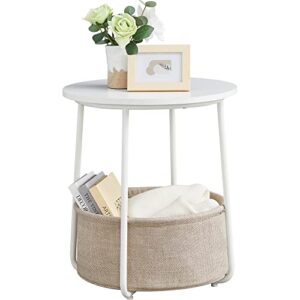 vasagle small round side end table, modern nightstand with fabric basket, classic white, sand beige, 1 count