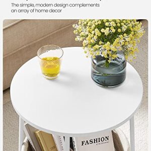 VASAGLE Small Round Side End Table, Modern Nightstand with Fabric Basket, Classic White, Sand Beige, 1 Count