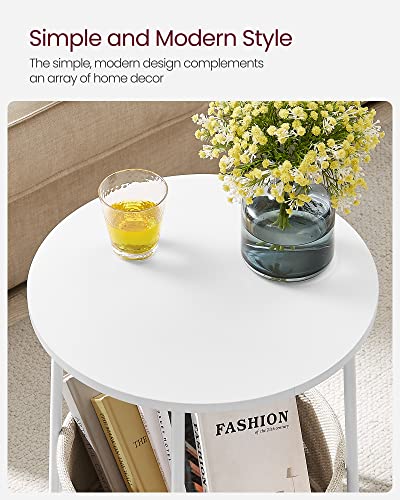 VASAGLE Small Round Side End Table, Modern Nightstand with Fabric Basket, Classic White, Sand Beige, 1 Count