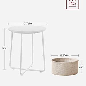 VASAGLE Small Round Side End Table, Modern Nightstand with Fabric Basket, Classic White, Sand Beige, 1 Count