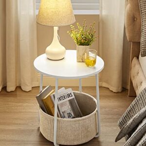 VASAGLE Small Round Side End Table, Modern Nightstand with Fabric Basket, Classic White, Sand Beige, 1 Count