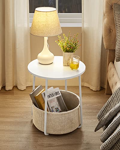 VASAGLE Small Round Side End Table, Modern Nightstand with Fabric Basket, Classic White, Sand Beige, 1 Count