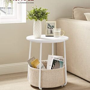 VASAGLE Small Round Side End Table, Modern Nightstand with Fabric Basket, Classic White, Sand Beige, 1 Count