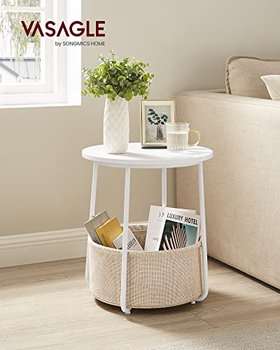 VASAGLE Small Round Side End Table, Modern Nightstand with Fabric Basket, Classic White, Sand Beige, 1 Count