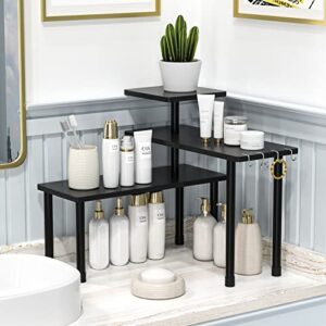 JayRex Bathroom Organizer Countertop Bathroom Shelf, 3 Tier Corner Shelf Moveable Bamboo Organizer for Make Up, Dresser Table, Desktop Shelf (Black)