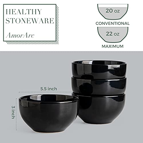 AmorArc Stoneware Cereal Bowls Set for kitchen, 22oz Ceramic Deep Soup Bowls Set of 6, Black Bowls Set for Breakfast, Lunch, Dinner. Microwave&Dishwasher Safe, Black