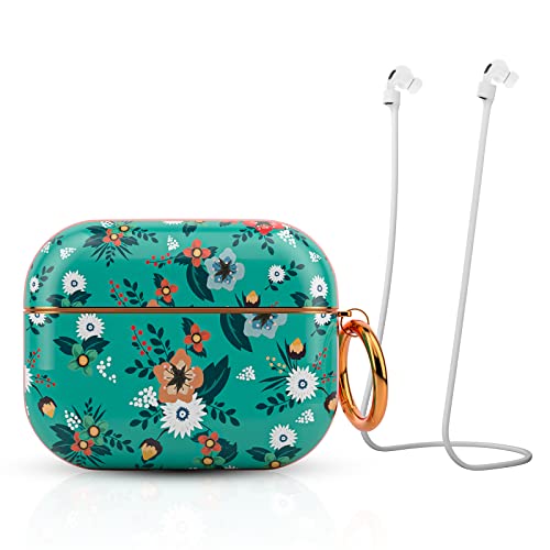 Airpods Pro Case Cover for Women, Premium Floral Print Protective Hard Case Cover for Airpods Pro Case 2019 with Keychain and Bonus Magnetic Anti-Lost Straps, Gift Idea for Women Girls (Green Floral)