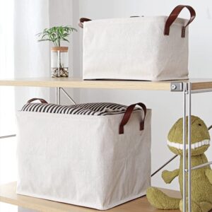 YOHOD 2pcs Cotton Linen Storage Baskets, Waterproof Collapsible Storage Bins, Fabric Closet Organizers with Leather Handle for Shelves Drawer for Closet Shelf Nursery Toy Underwear Clothes (17*12*11")