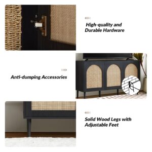 HULALA HOME Farmhouse Sideboard Buffet Cabinet with 3 Rattan Doors and 3 Shelves, Kitchen Storage Cabinet with Solid Wood Legs, Console Table Accent Cabinet for Living Room Dining Room Entrywa, Black