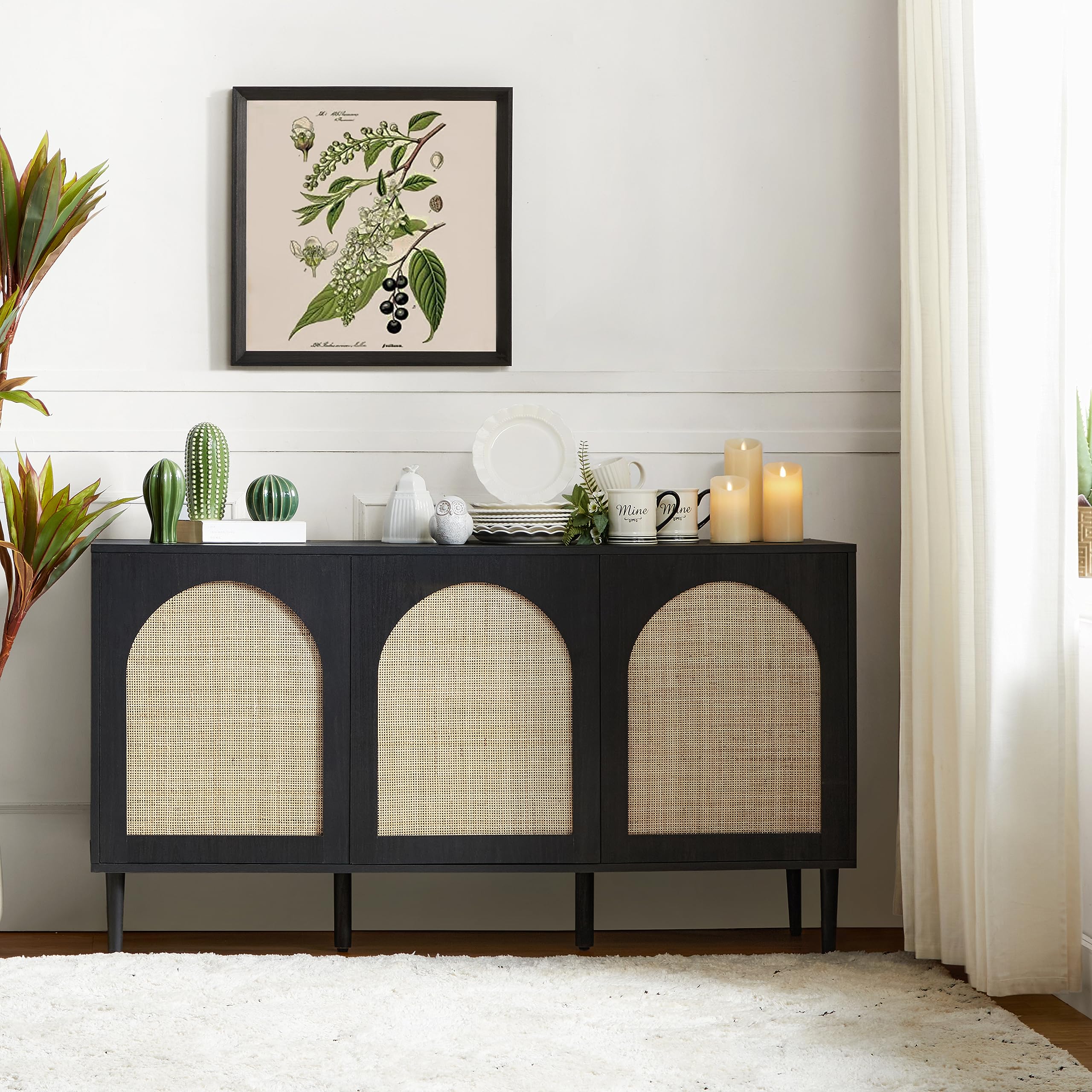 HULALA HOME Farmhouse Sideboard Buffet Cabinet with 3 Rattan Doors and 3 Shelves, Kitchen Storage Cabinet with Solid Wood Legs, Console Table Accent Cabinet for Living Room Dining Room Entrywa, Black