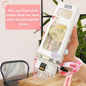 Kawaii Water Bottle for Girls Cute Kids Water Bottles with Straw,700ml Water Portable LeakProof Bottles With Adjustable Shoulder Strap Water Jug for Gifts White