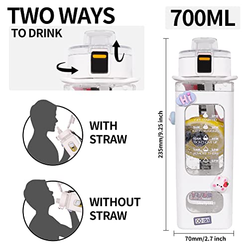 Kawaii Water Bottle for Girls Cute Kids Water Bottles with Straw,700ml Water Portable LeakProof Bottles With Adjustable Shoulder Strap Water Jug for Gifts White