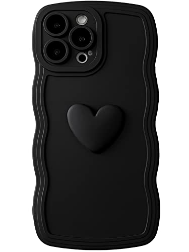 Qokey iPhone 13 Pro Max Case (6.7" 2021) - Cute 3D Love Heart Frame, Full Protection, Soft TPU Shockproof Cover, Women & Girls, Black