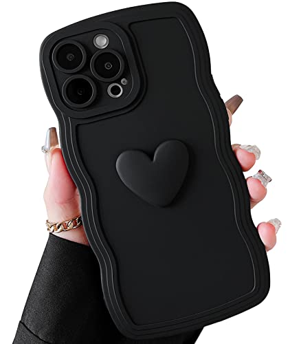 Qokey iPhone 13 Pro Max Case (6.7" 2021) - Cute 3D Love Heart Frame, Full Protection, Soft TPU Shockproof Cover, Women & Girls, Black