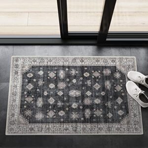 adiva rugs machine washable area rug with non slip backing for living room, bedroom, bathroom, kitchen, printed persian vintage home decor, floor decoration carpet mat (black, 2' x 3')