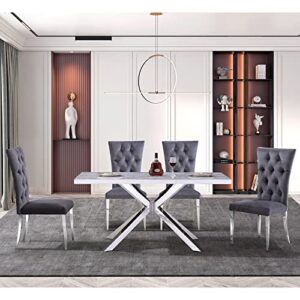 azhome kitchen and dining room sets, grey and silver pedestal dining table with 4 grey buttons tufted dining chairs