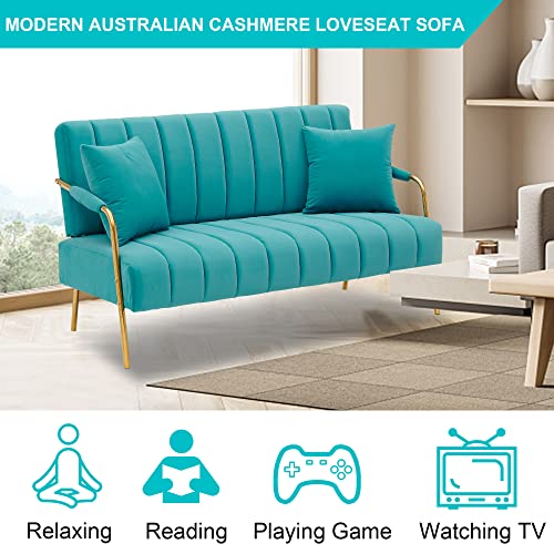 Yoluckea Cashmere Loveseat Chair Modern Loveseat Sofa with Gold-Finished Metal Legs Comfortable Sofa Couch Accent Sofa with 2 Small Pillows for Living Room Bedroom Load 500 Pounds (Blue)