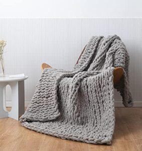 chunky knit blanket soft chenille yarn knitted throw blanket 50"x60" handmade cable warm thick giant blanket for couch bed trips (light grey, throw 50"x60")