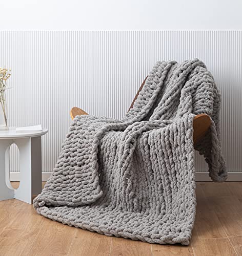 Chunky Knit Blanket Soft Chenille Yarn Knitted Throw Blanket 50"X60" Handmade Cable Warm Thick Giant Blanket for Couch Bed Trips (Light Grey, Throw 50"X60")