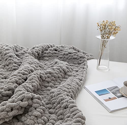 Chunky Knit Blanket Soft Chenille Yarn Knitted Throw Blanket 50"X60" Handmade Cable Warm Thick Giant Blanket for Couch Bed Trips (Light Grey, Throw 50"X60")