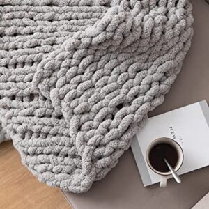 Chunky Knit Blanket Soft Chenille Yarn Knitted Throw Blanket 50"X60" Handmade Cable Warm Thick Giant Blanket for Couch Bed Trips (Light Grey, Throw 50"X60")