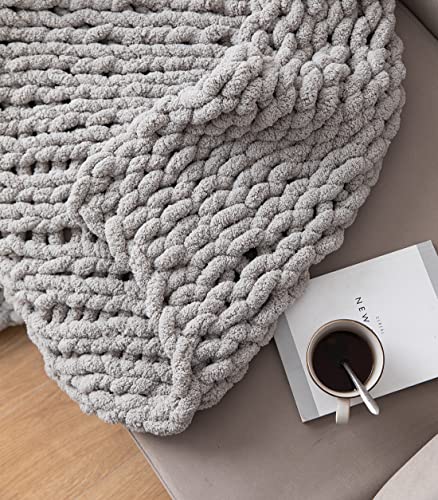 Chunky Knit Blanket Soft Chenille Yarn Knitted Throw Blanket 50"X60" Handmade Cable Warm Thick Giant Blanket for Couch Bed Trips (Light Grey, Throw 50"X60")