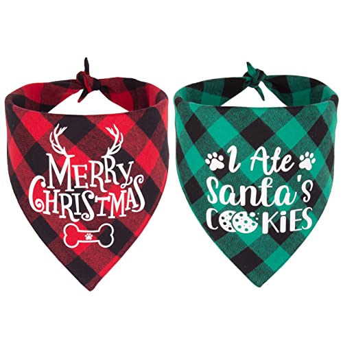 PTDECOR 2 Pack Christmas Dog Bandanas Red Green Plaid Dog Scarf Bibs Kerchief Set Merry Christmas Dog Costume Accessories Bandanas for Small Medium Large Dogs Pets