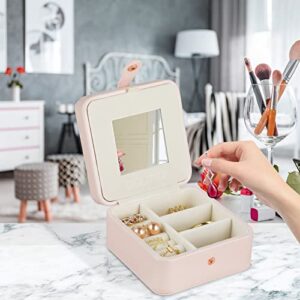 DQUTAR Travel Jewelry Case with Mirror, Portable Small Jewelry Box, PU Leather Mini Jewellery Organizer Storage Earrings Rings Necklaces for Women Girls Gifts